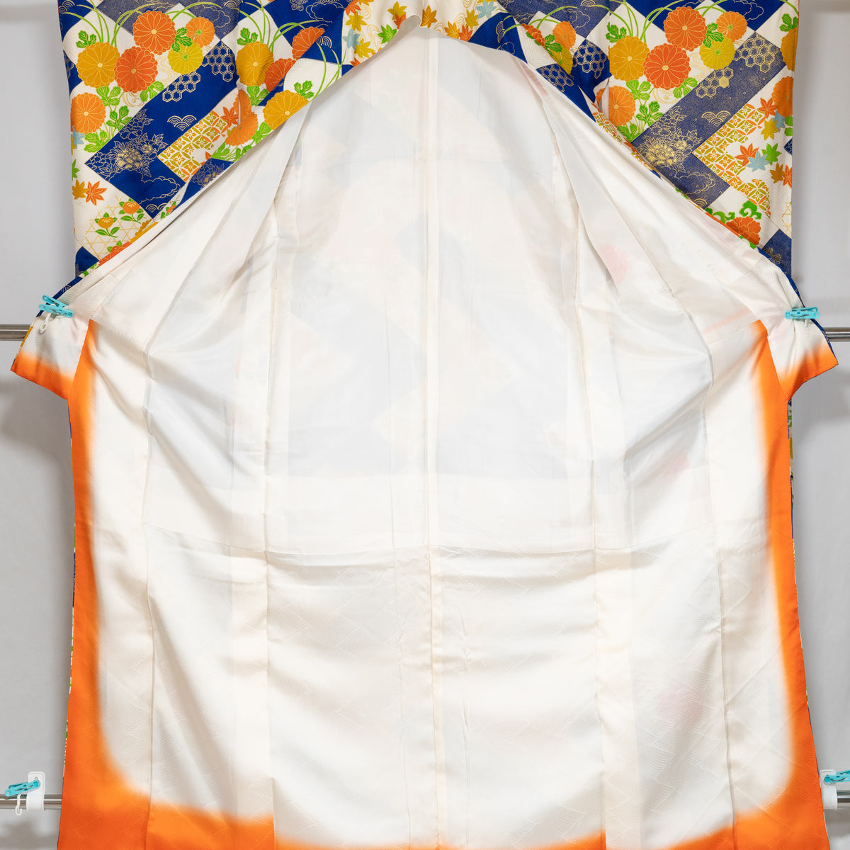 White & Vibrant Blue Silk Furisode - Geometric Shapes Seigaiha Shippou ...